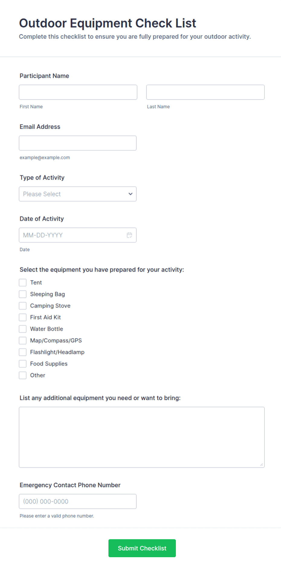 Outdoor Equipment Check List Form Template | Jotform