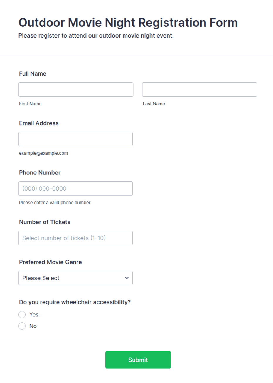 Outdoor Movie Night Registration Form Template | Jotform