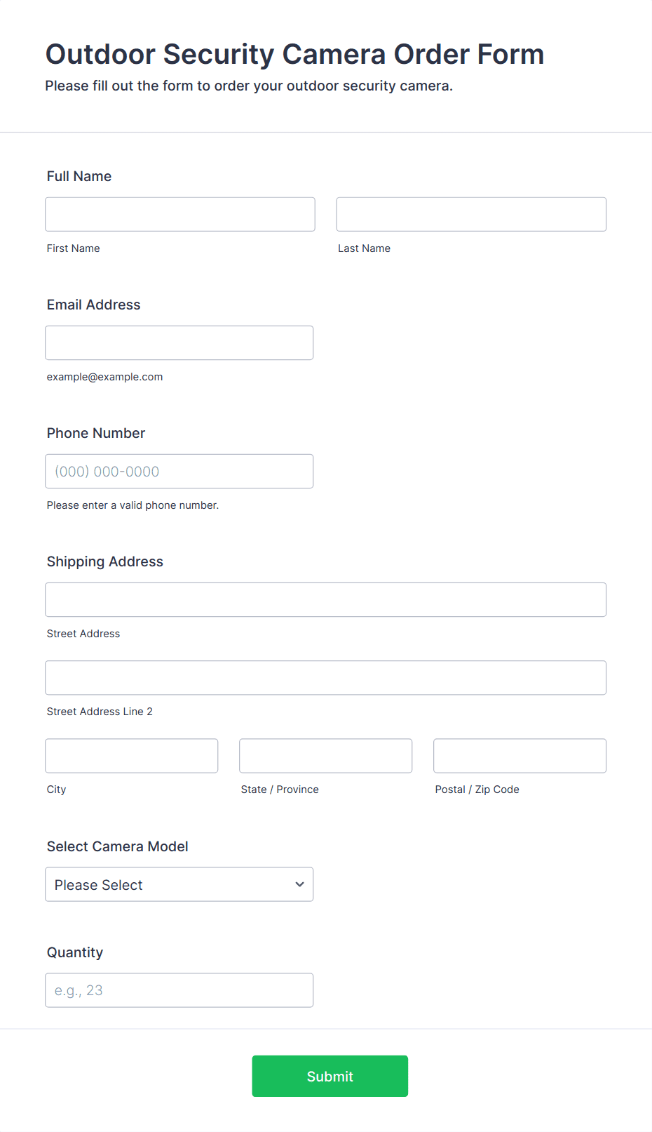 Outdoor Security Camera Order Form Template | Jotform