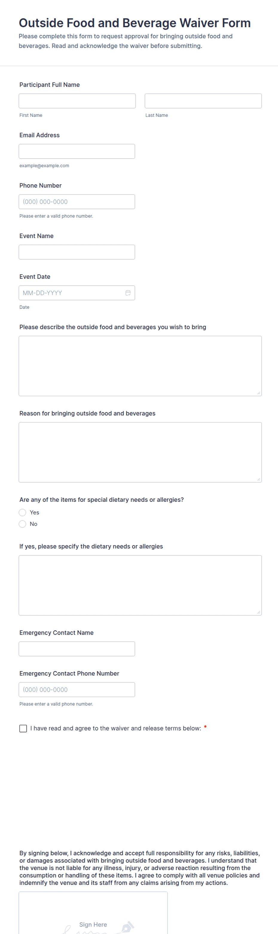 Outside Food and Beverage Waiver Form Template | Jotform