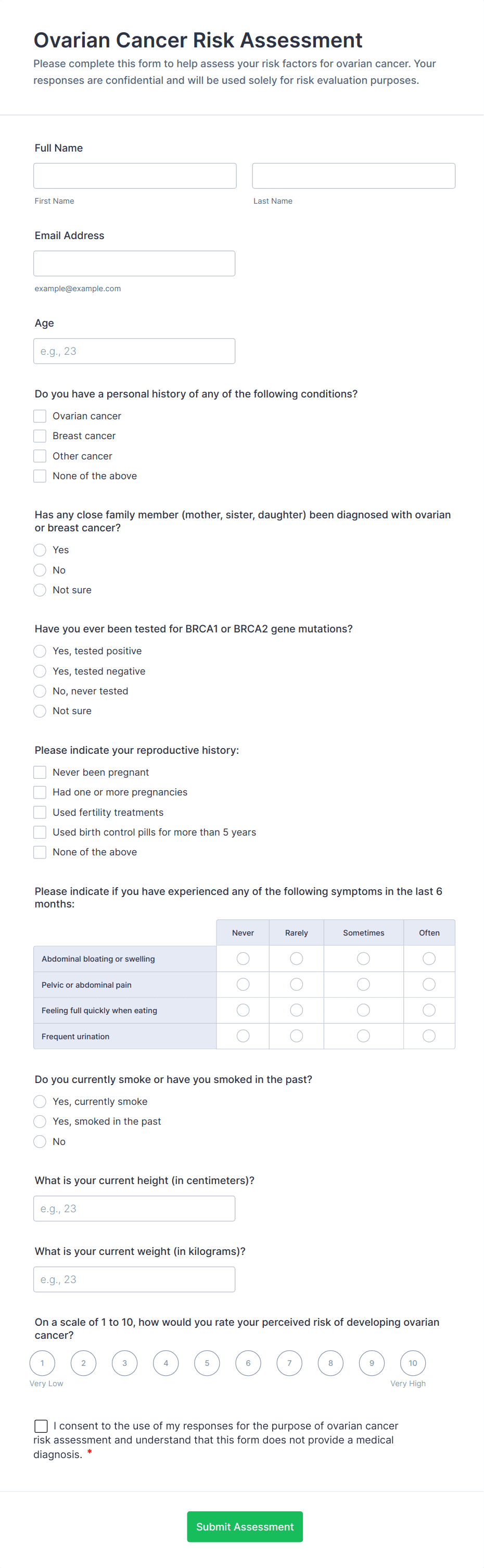 Ovarian Cancer Risk Assessment Form Template | Jotform