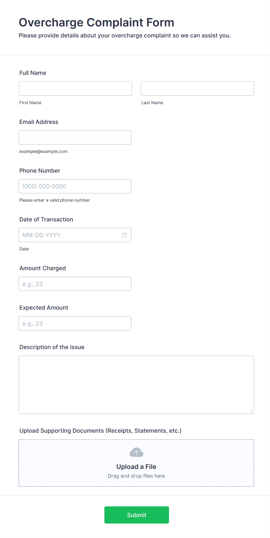Overcharge Complaint Form Template | Jotform