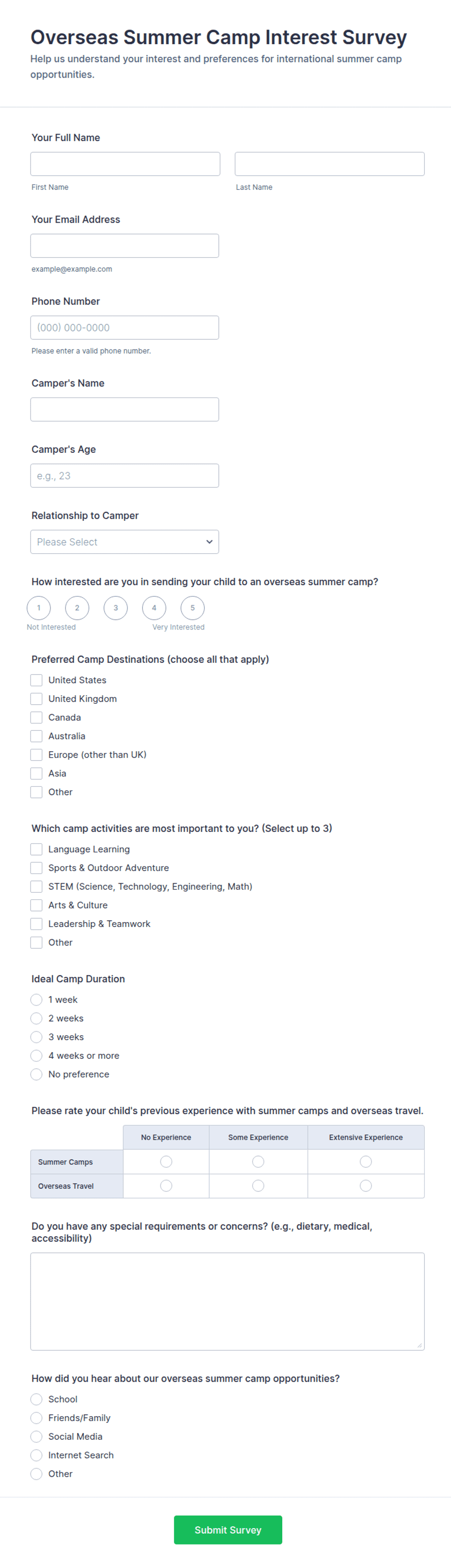 Overseas Summer Camp Interest Survey Form Template | Jotform