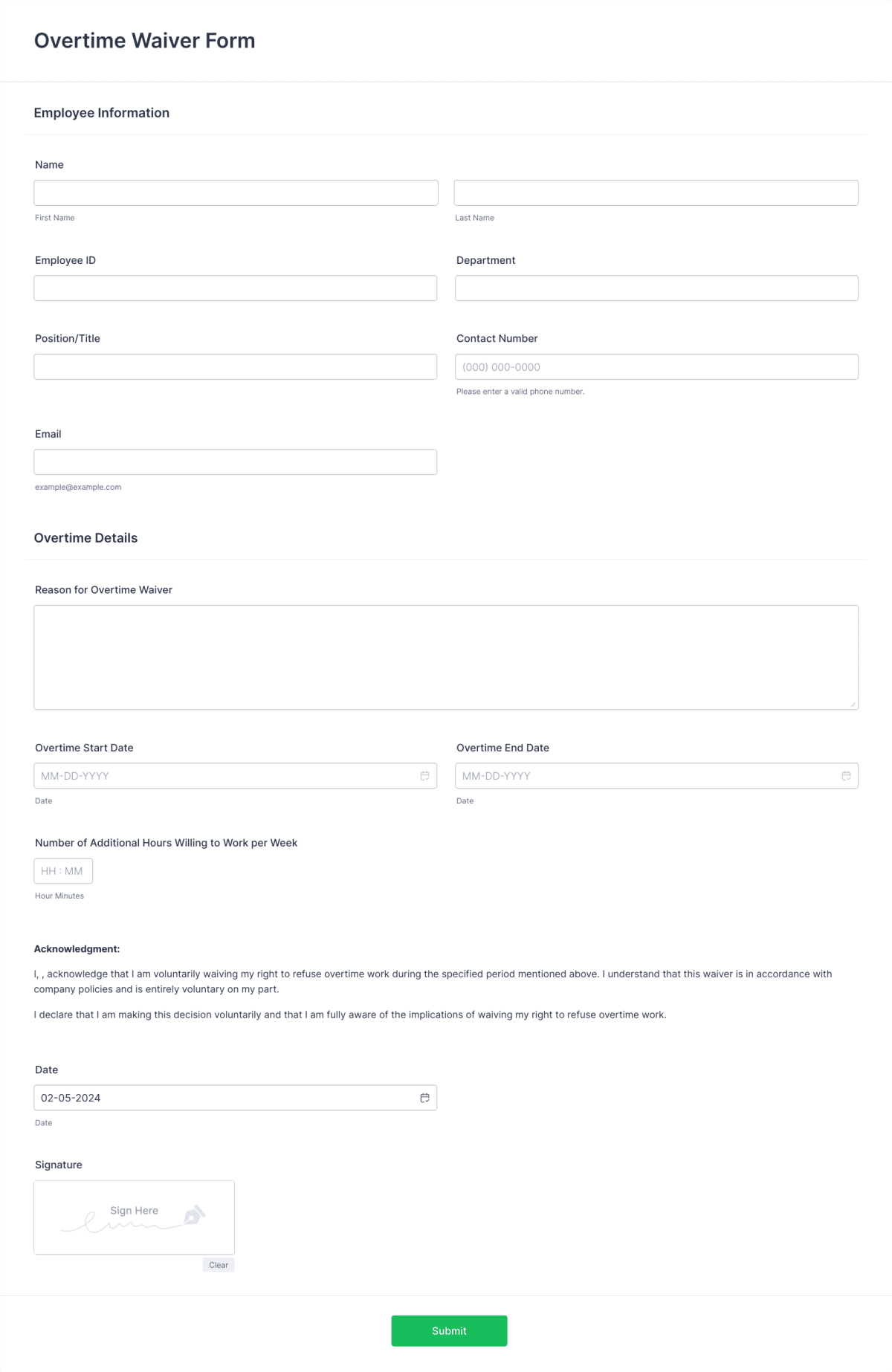 Overtime Waiver Form Template | Jotform