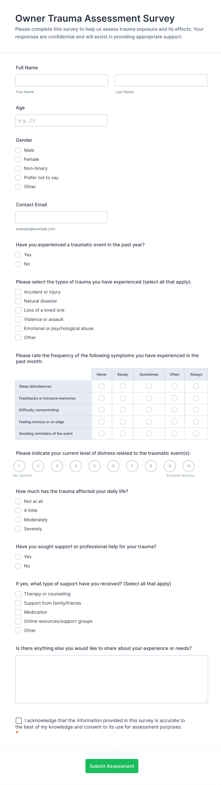 Owner Trauma Assessment Survey Form Template | Jotform