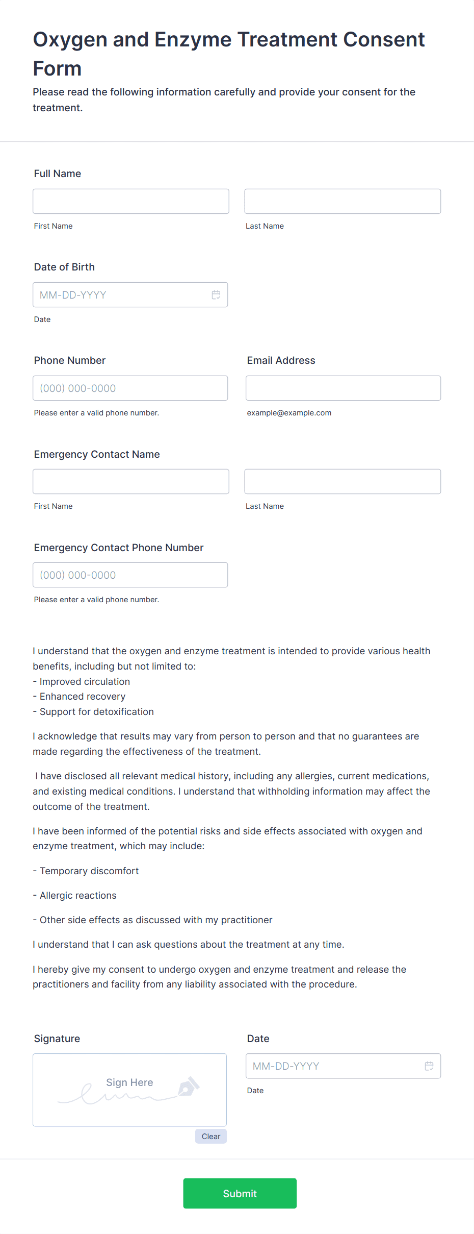 Oxygen and Enzyme Treatment Consent Form Template | Jotform