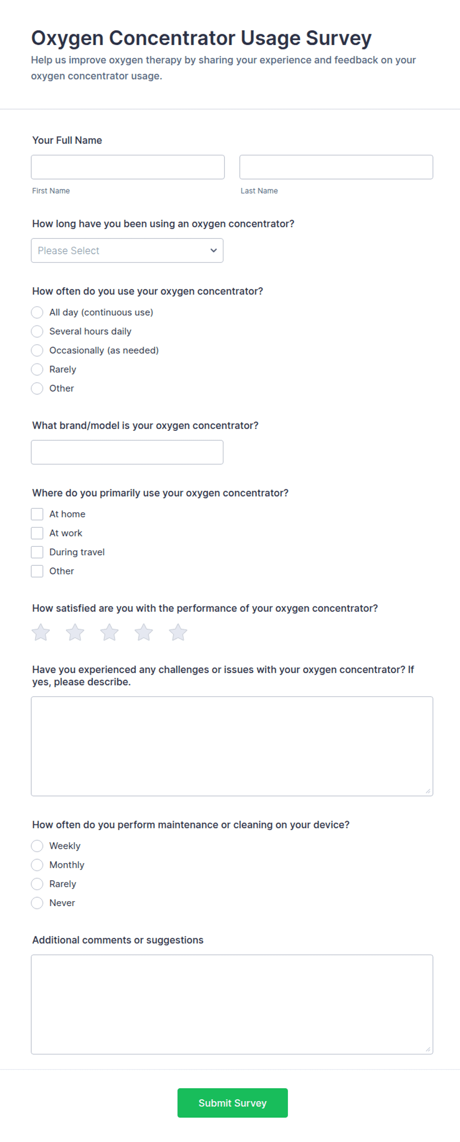 Oxygen Concentrator Usage Survey Form Template | Jotform