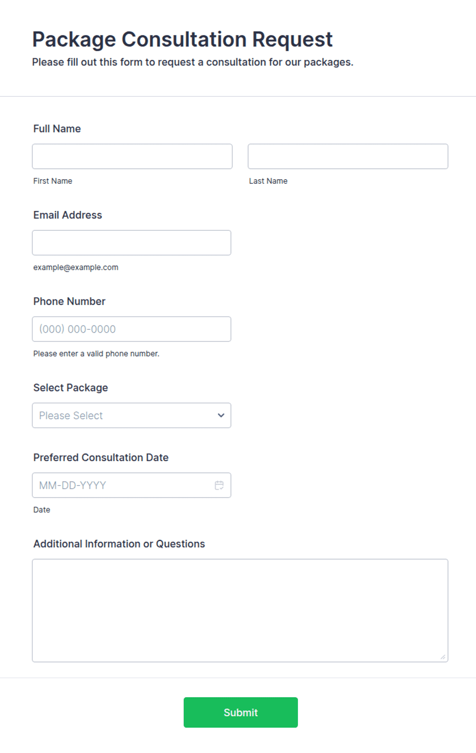 Package Consultation Request Form Template | Jotform