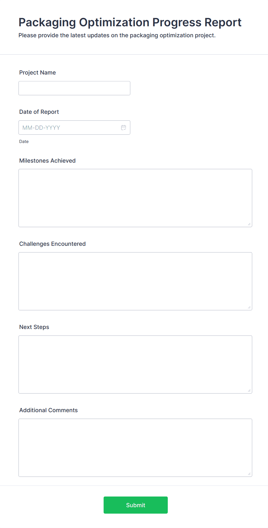 Packaging Optimization Progress Report Form Template | Jotform