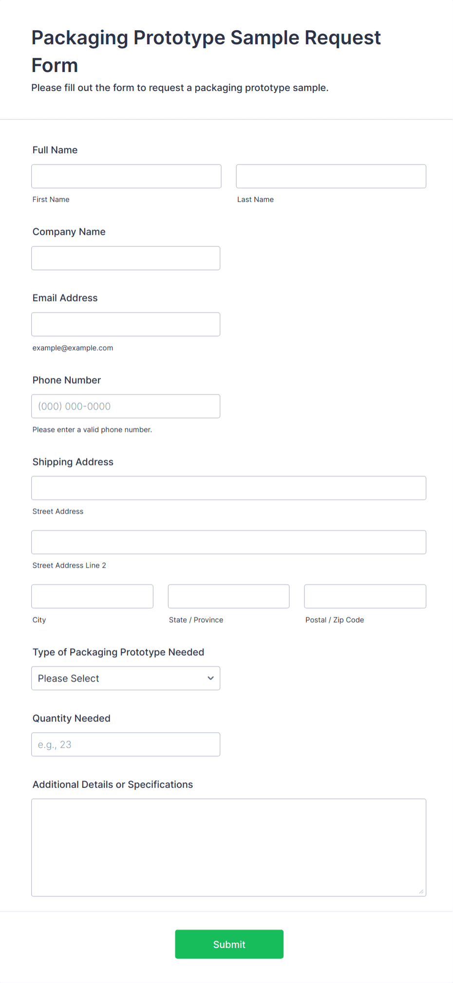 Packaging Prototype Sample Request Form Template | Jotform
