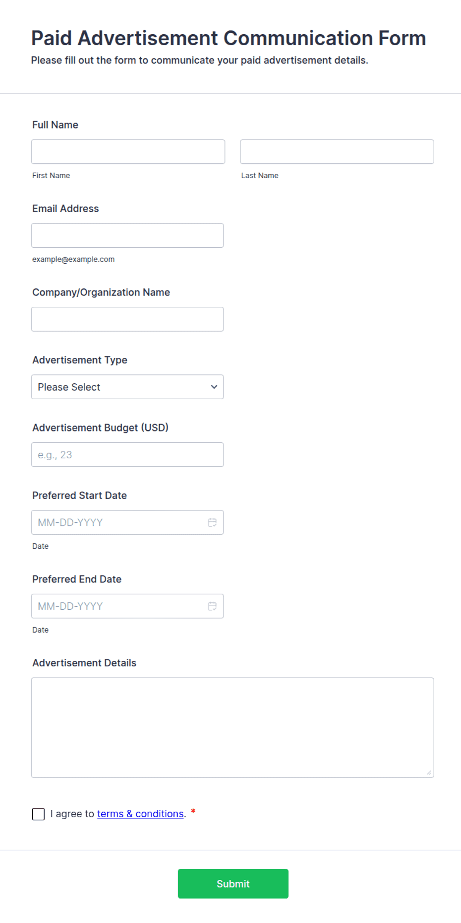 Paid Advertisement Communication Form Template | Jotform