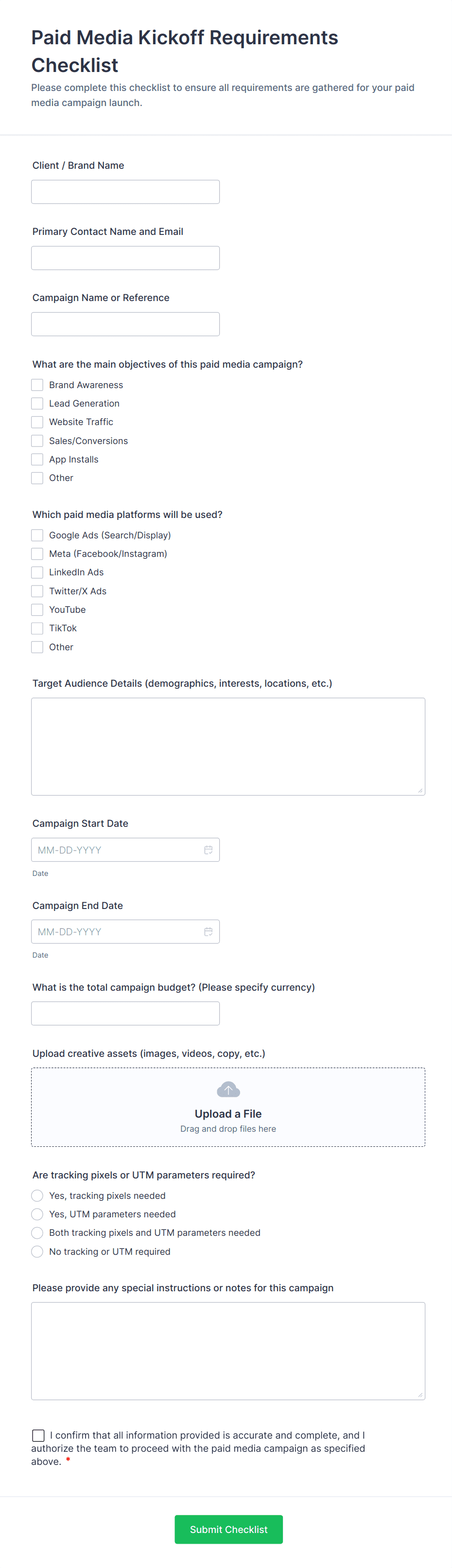 Paid Media Kickoff Requirements Checklist Form Template | Jotform