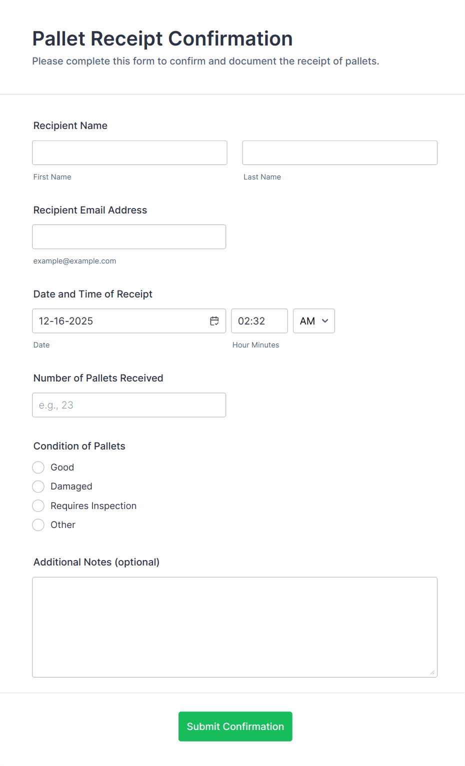 Pallet Receipt Confirmation Form Template | Jotform