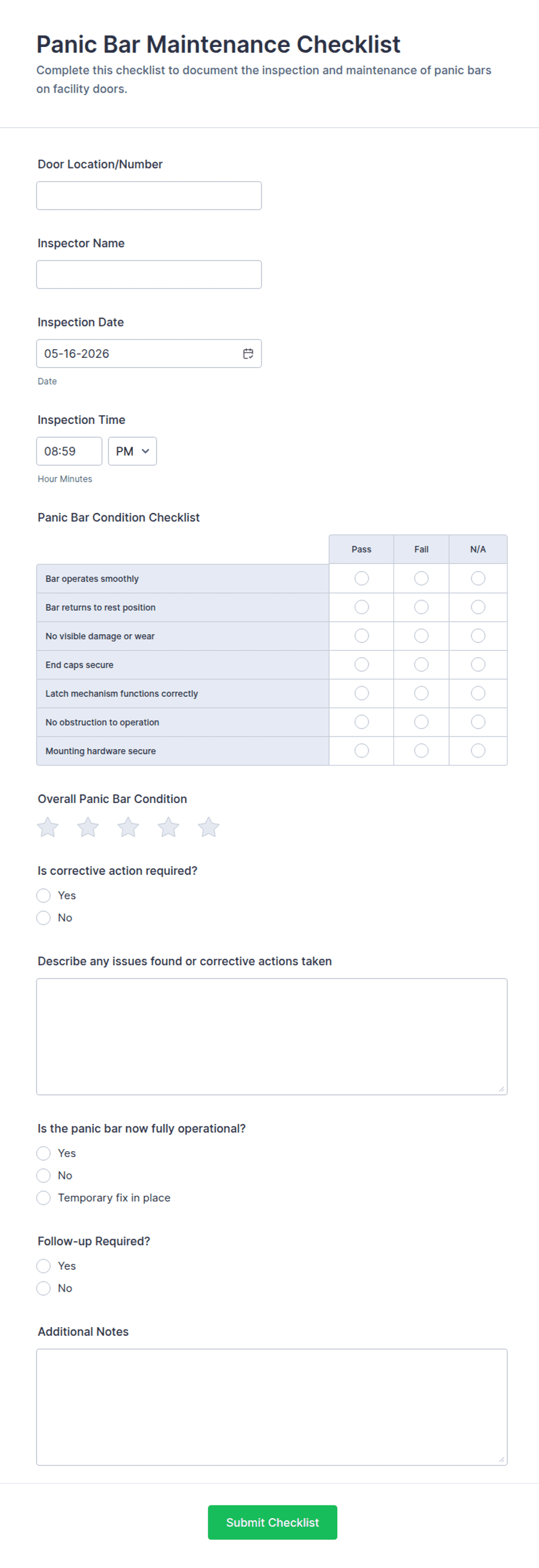 Panic Bar Maintenance Checklist Form Template | Jotform