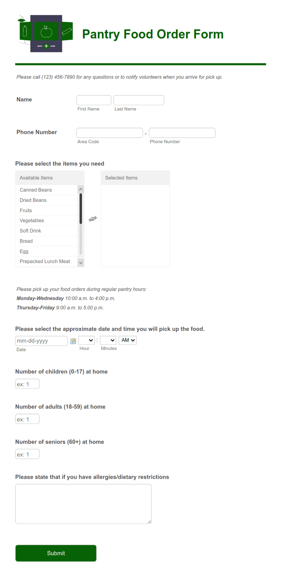 Pantry Food Order Form Template | Jotform