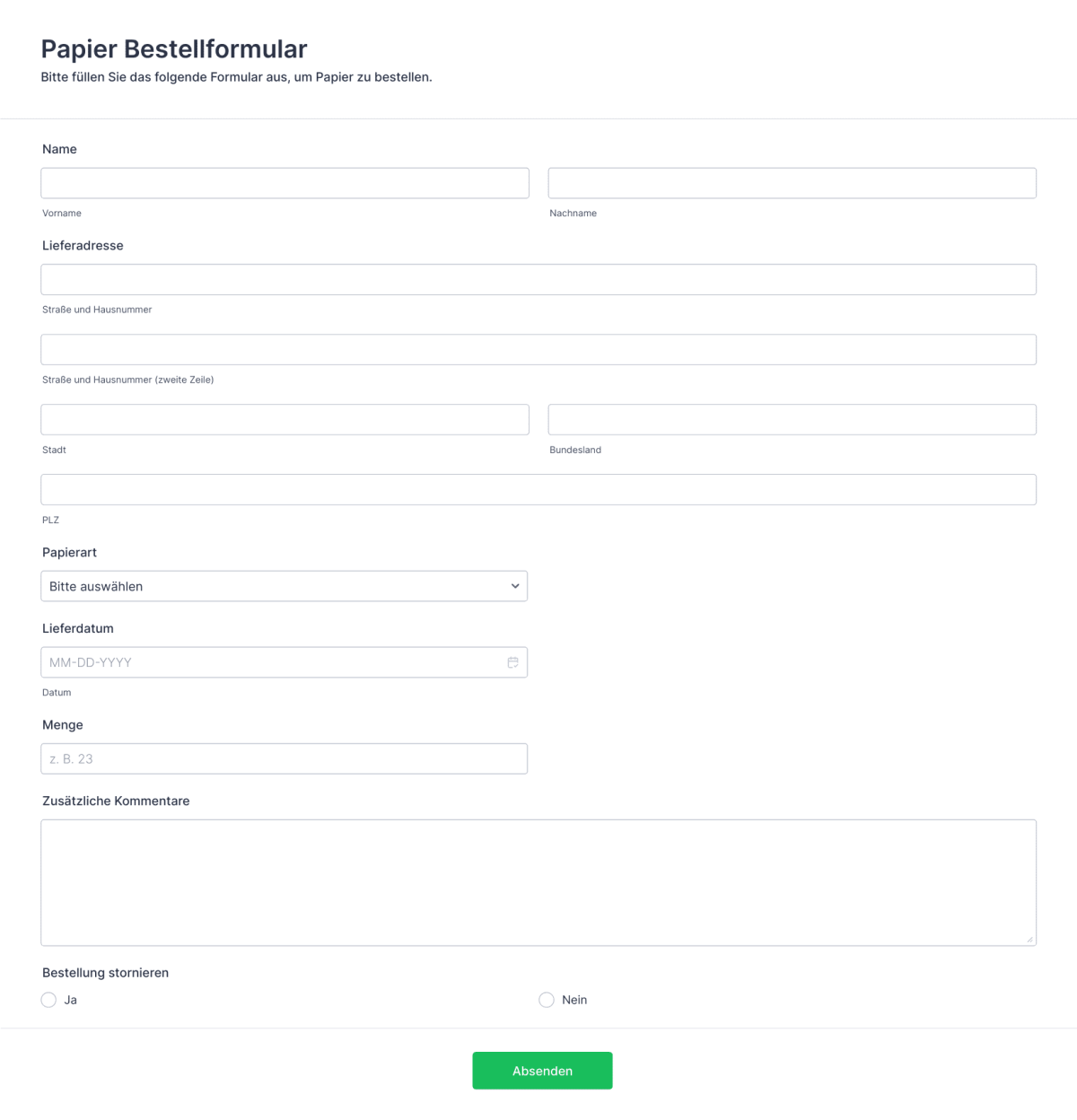 Papier Bestellformular Formularvorlage | Jotform