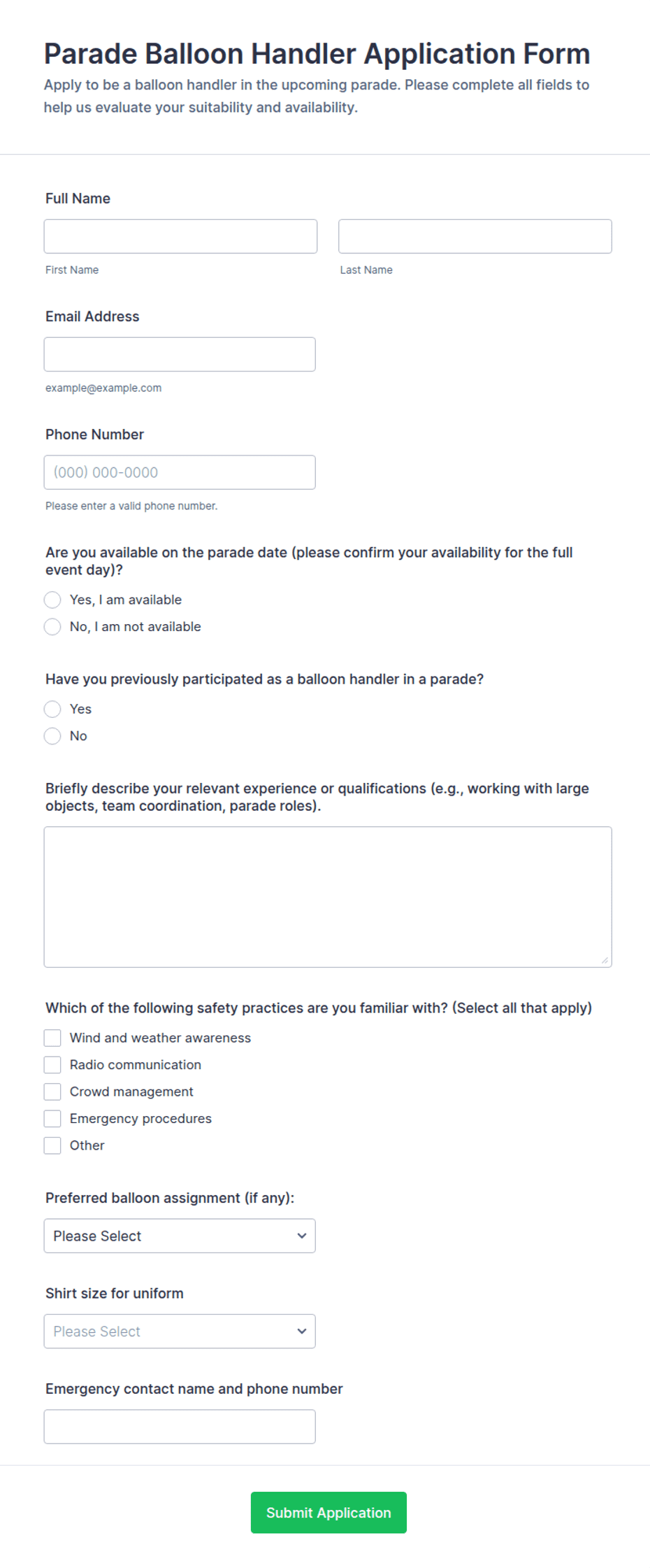Parade Balloon Handler Application Form Template | Jotform