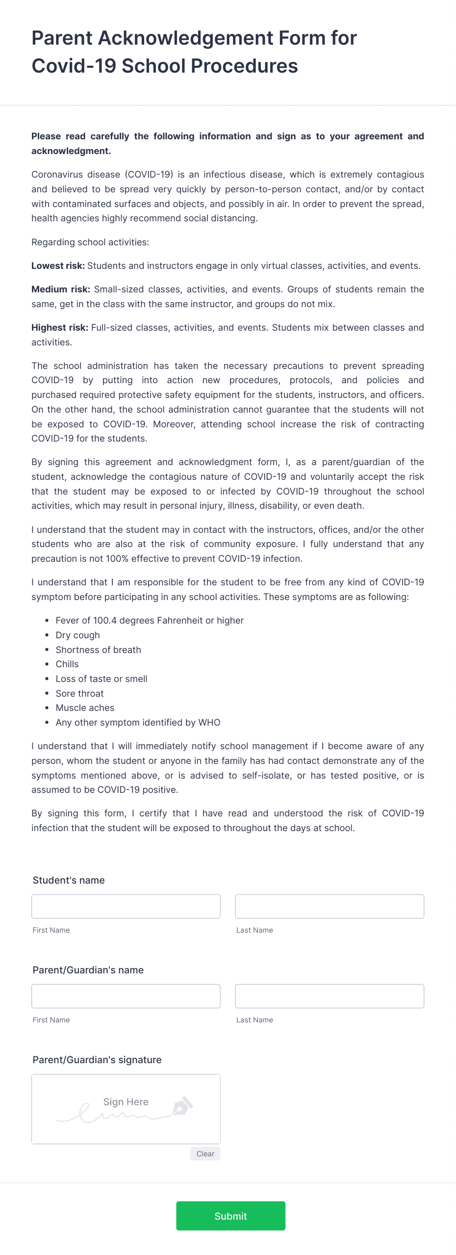 Parent Acknowledgement Form for Covid-19 School Procedures Form Template | Jotform