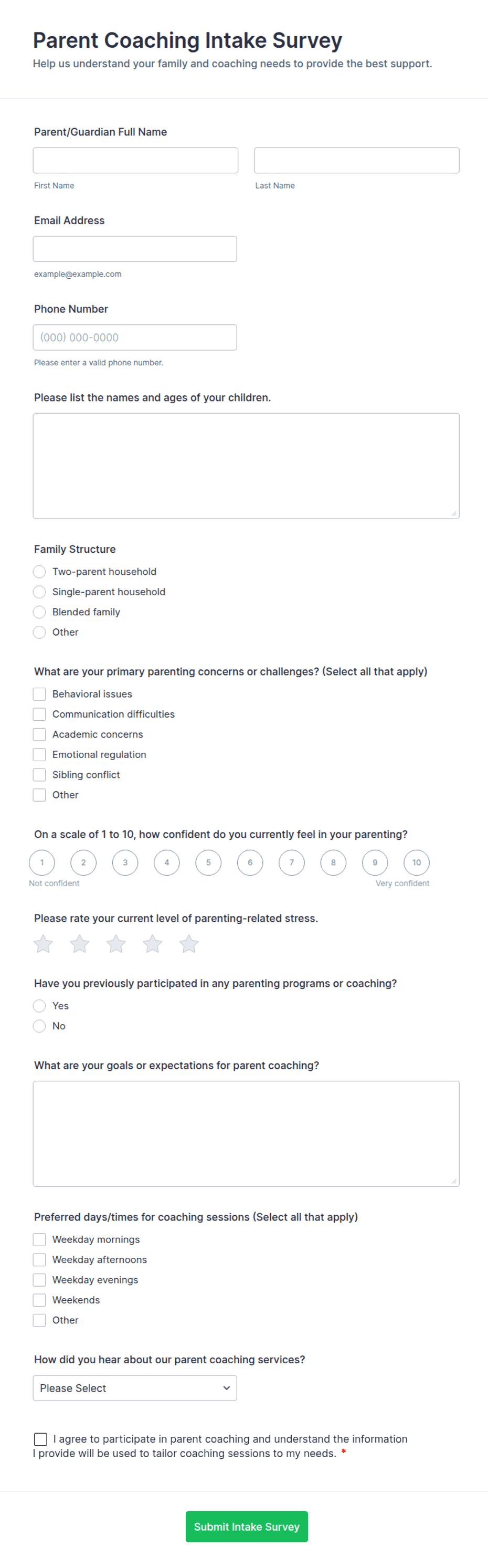 Parent Coaching Intake Survey Form Template | Jotform