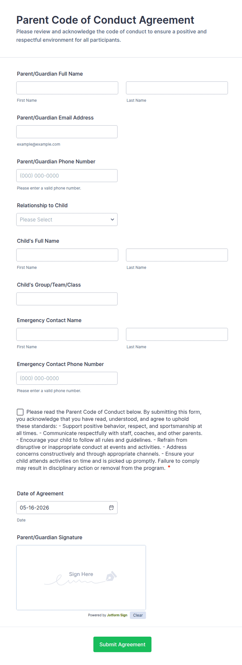 Parent Code of Conduct Agreement Form Template | Jotform