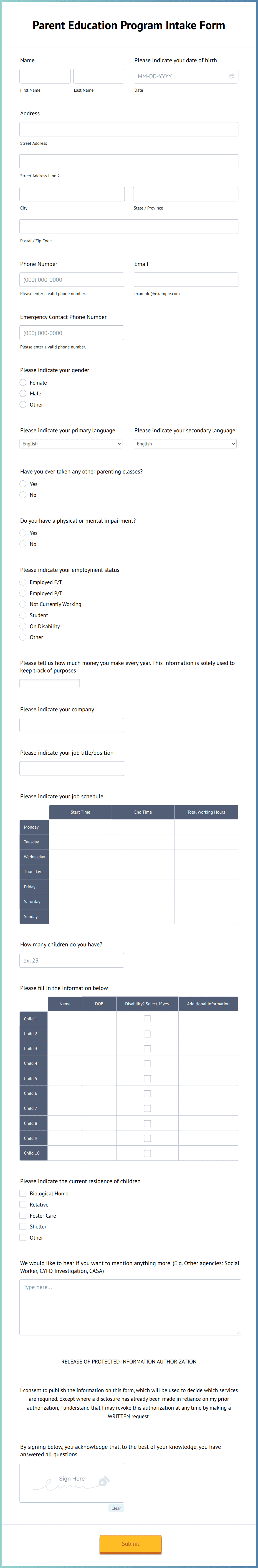 Parent Education Program Intake Form Template | Jotform