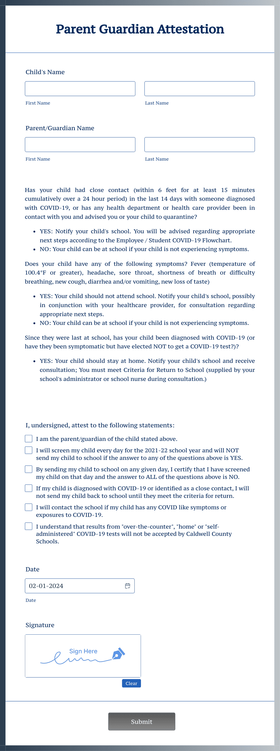 Parent Guardian Attestation Form Template | Jotform