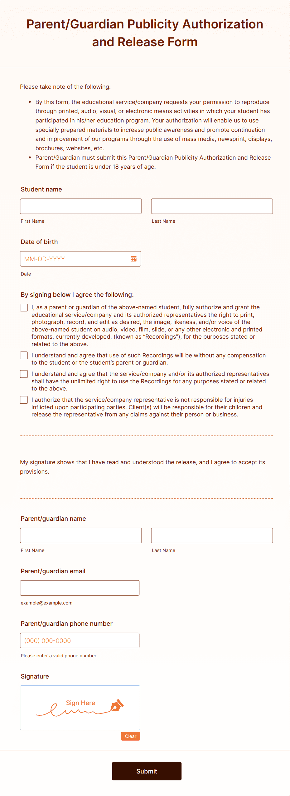 Parent Guardian Publicity Authorization and Release Form Template | Jotform