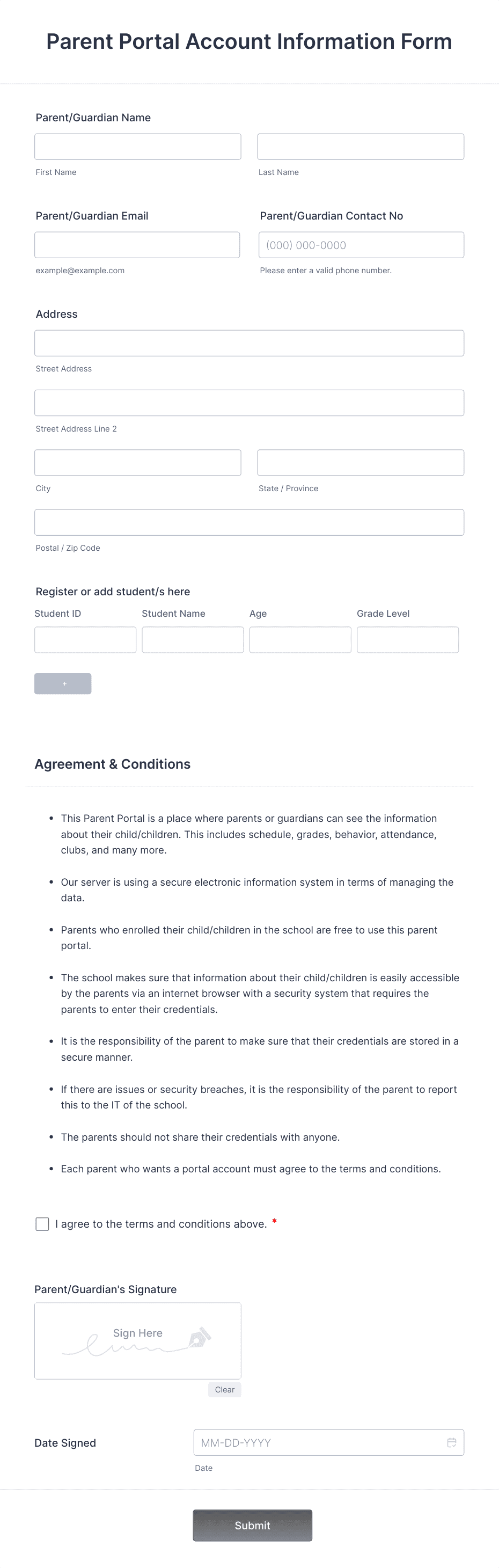 Parent Portal Account Information Form Template | Jotform