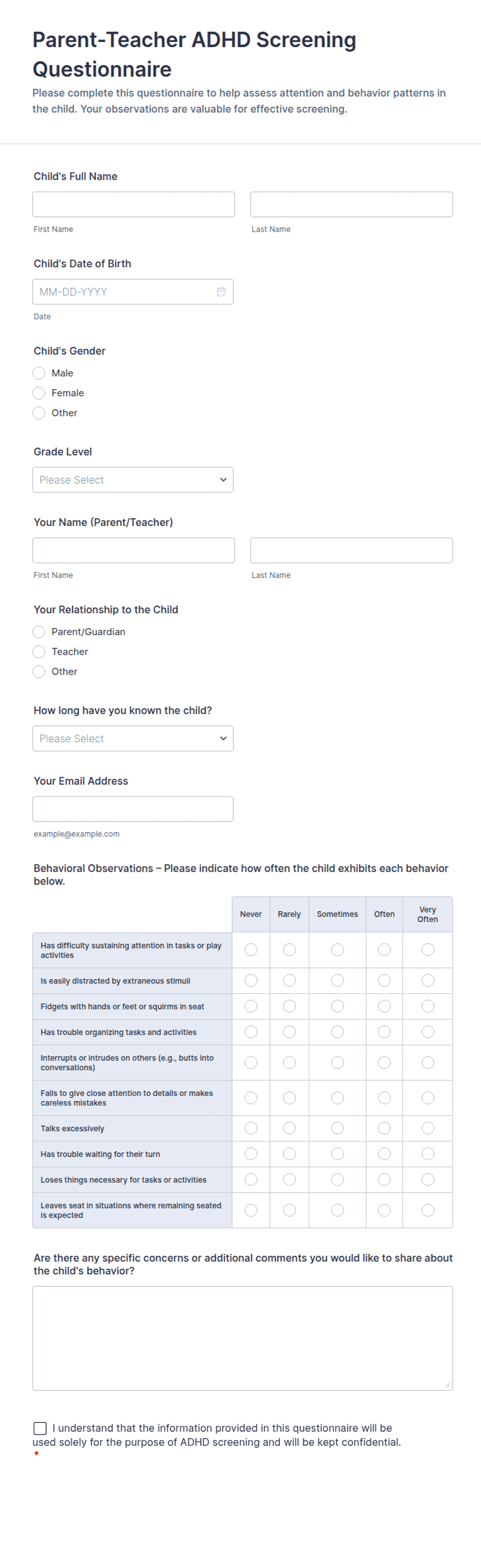 Parent-Teacher ADHD Screening Questionnaire Form Template | Jotform