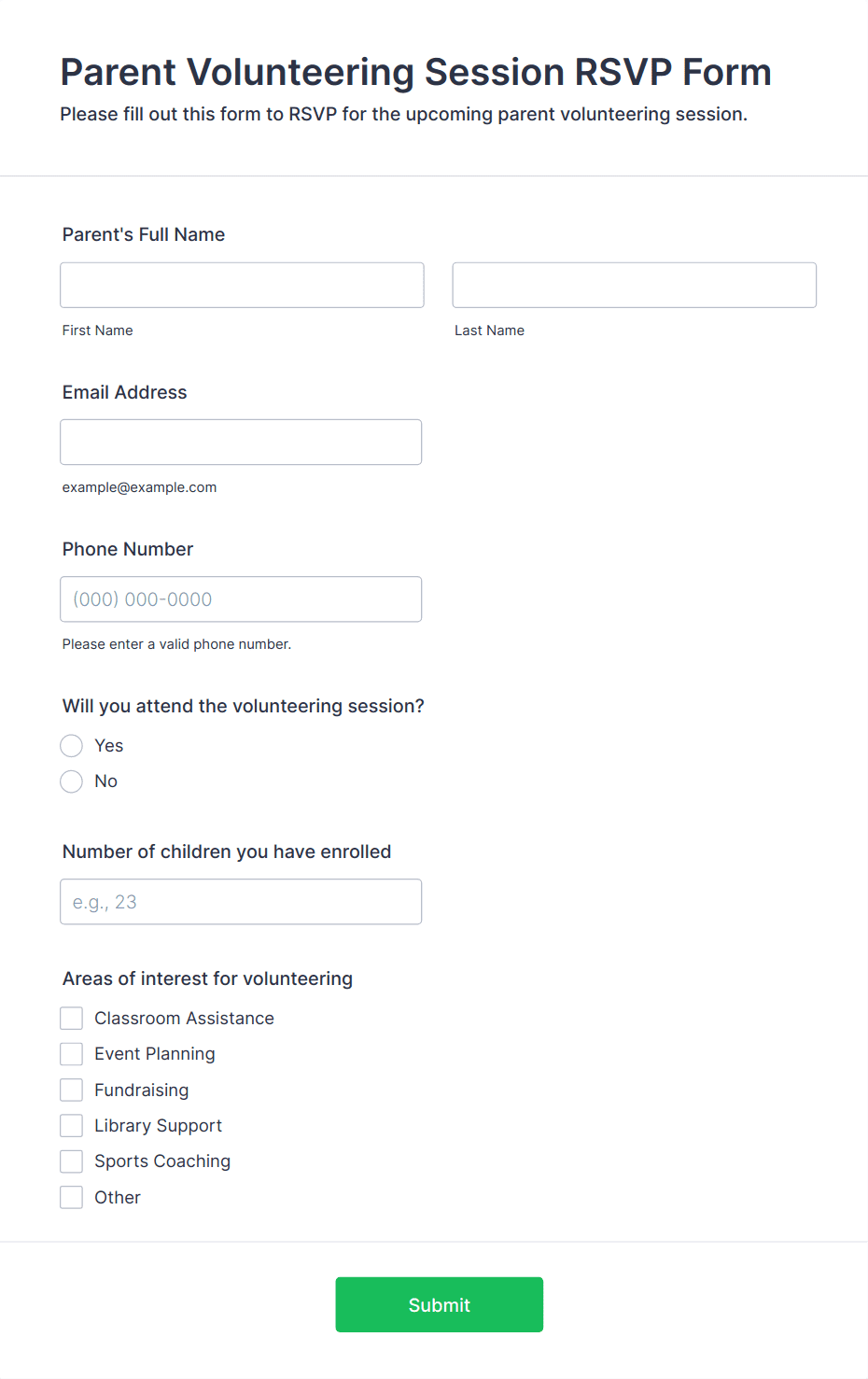 Parent Volunteering Session RSVP Form Template | Jotform