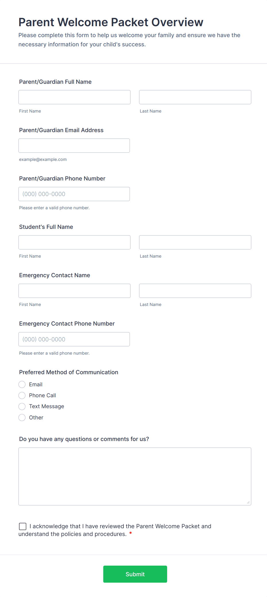 Parent Welcome Packet Overview Form Template | Jotform