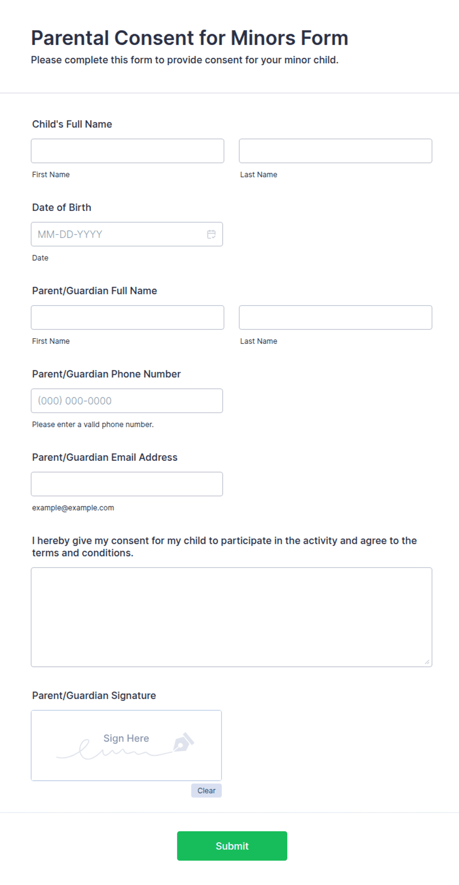 Parental Consent for Minors Form Template | Jotform