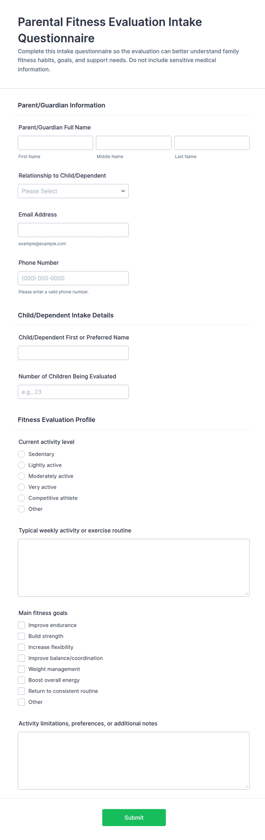 Parental Fitness Evaluation Intake Questionnaire Form Template | Jotform