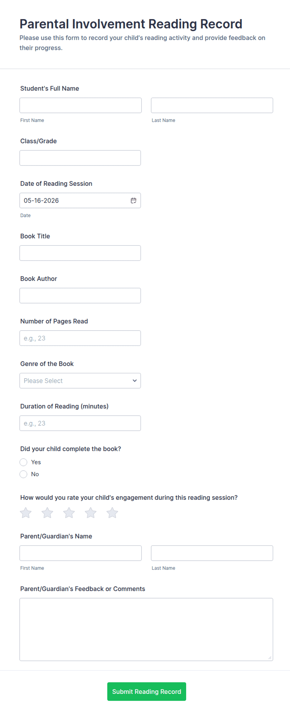 Parental Involvement Reading Record Form Template | Jotform