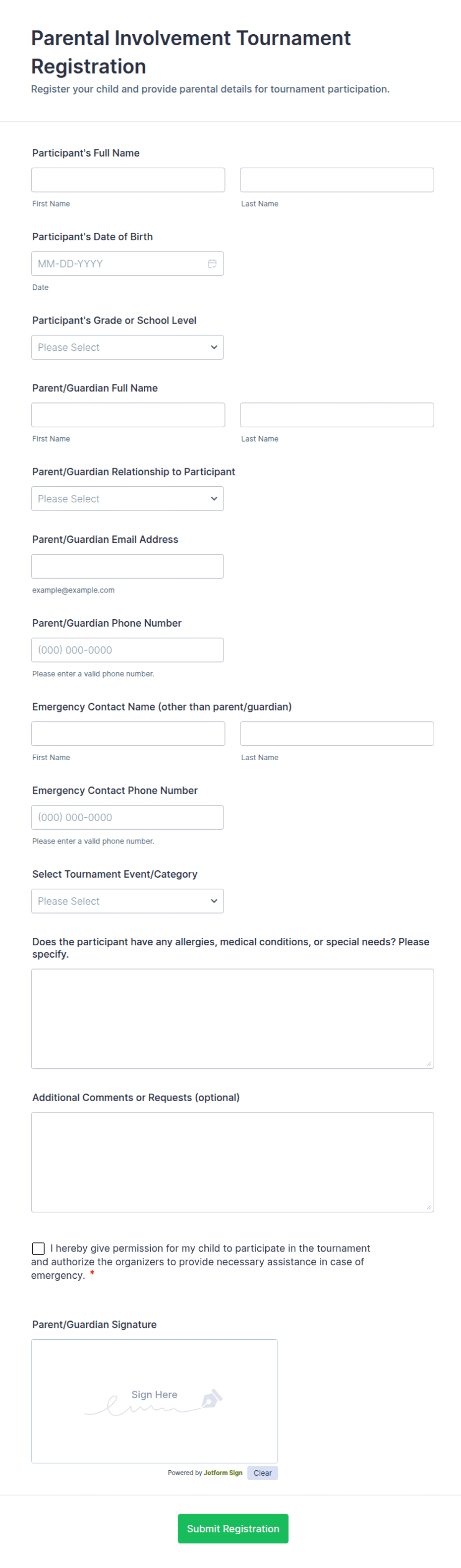 Parental Involvement Tournament Registration Form Template | Jotform