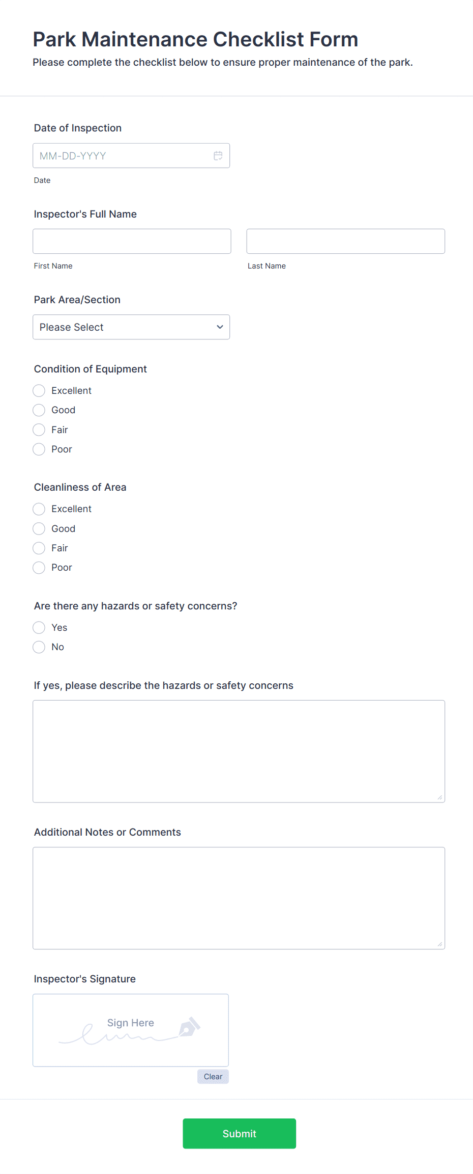 Park Maintenance Checklist Form Template | Jotform