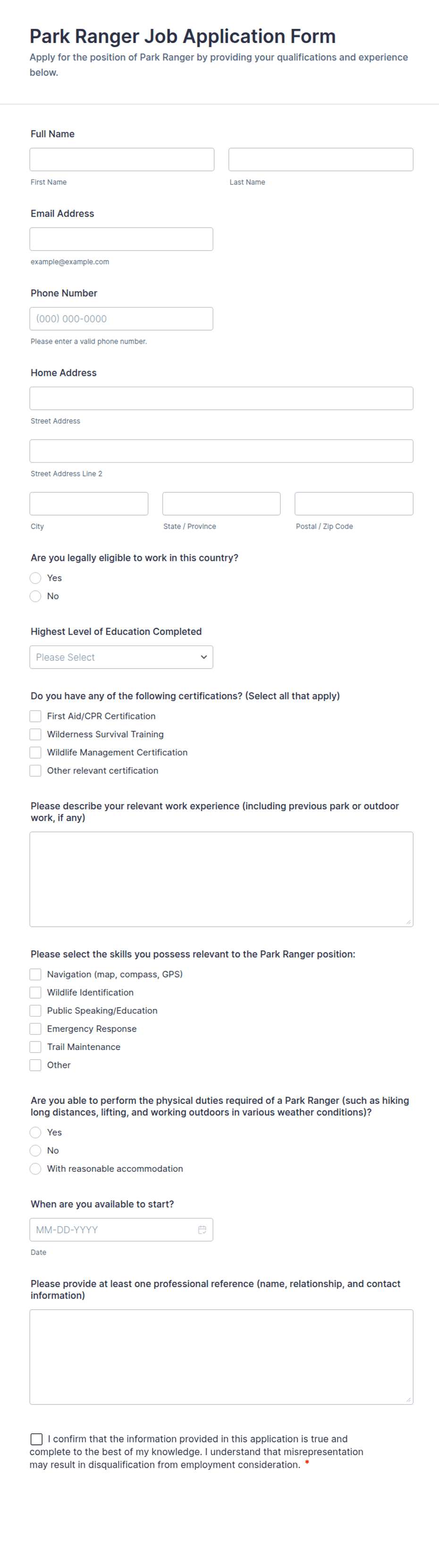 Park Ranger Job Application Form Template | Jotform