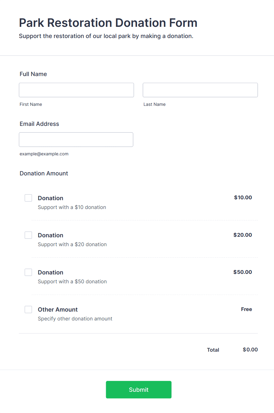 Park Restoration Donation Form Template | Jotform