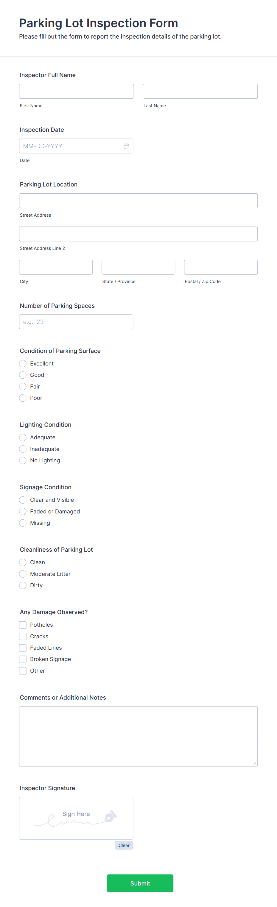 Parking Lot Inspection Form Template | Jotform