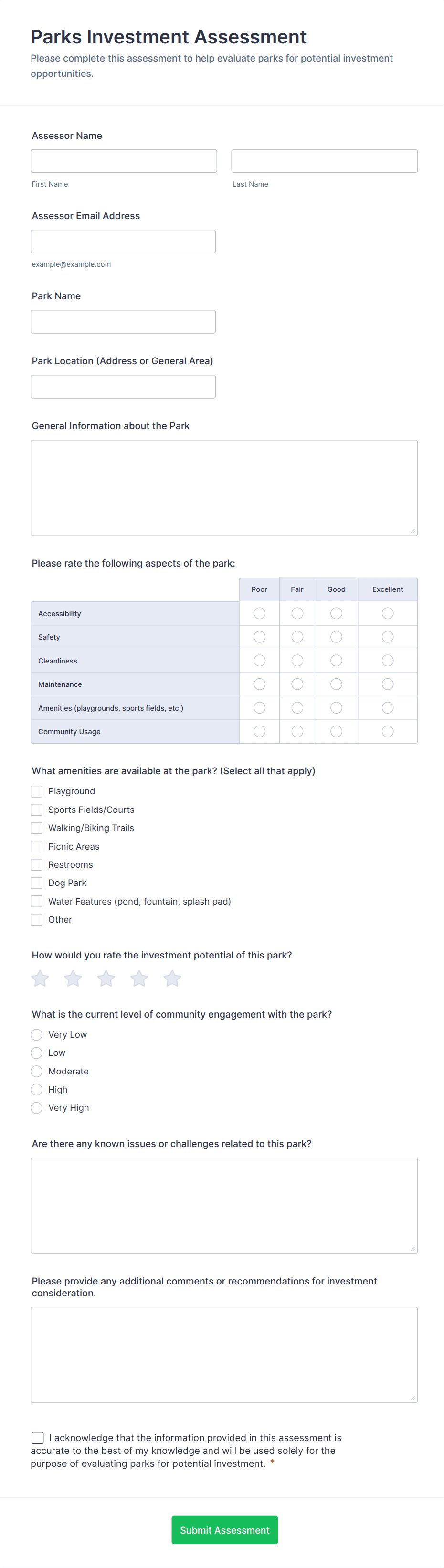 Parks Investment Assessment Form Template | Jotform