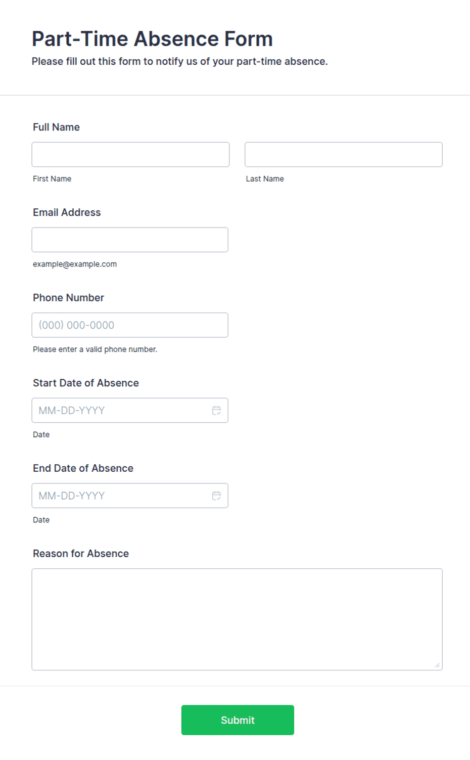Part-Time Absence Form Template | Jotform