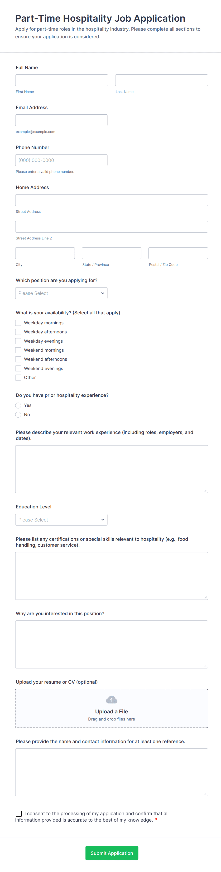 Part-Time Hospitality Job Application Form Template | Jotform