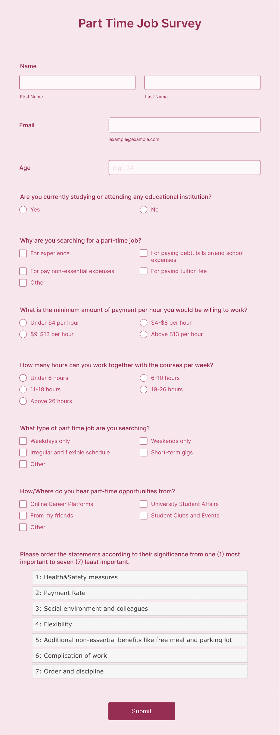 Part Time Job Survey Form Template | Jotform