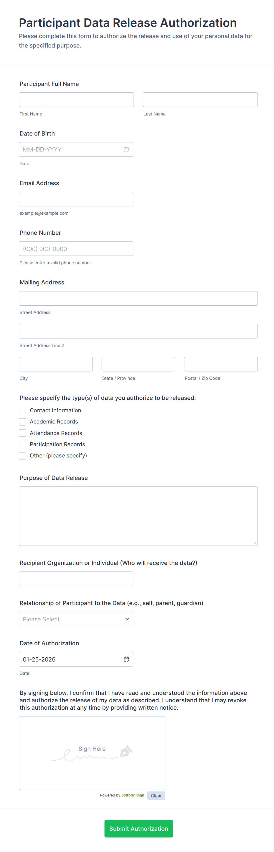 Participant Data Release Authorization Form Template | Jotform