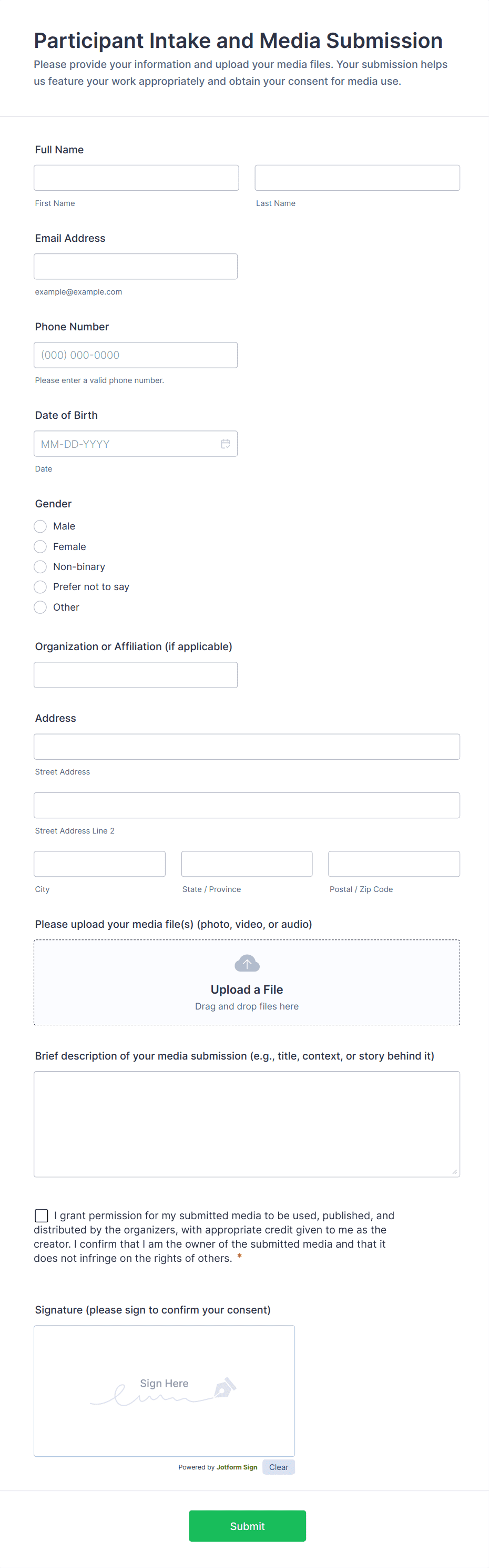 Participant Intake and Media Submission Form Template | Jotform