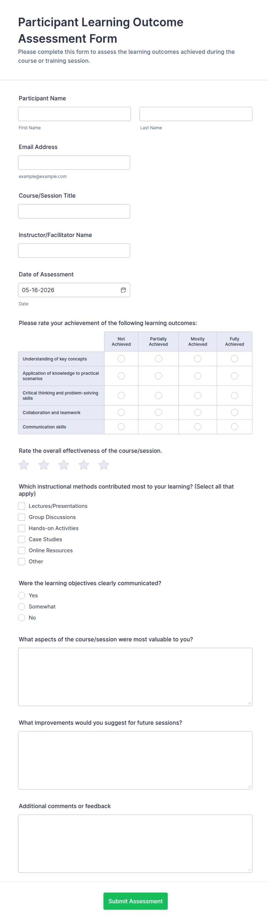 Participant Learning Outcome Assessment Form Template | Jotform