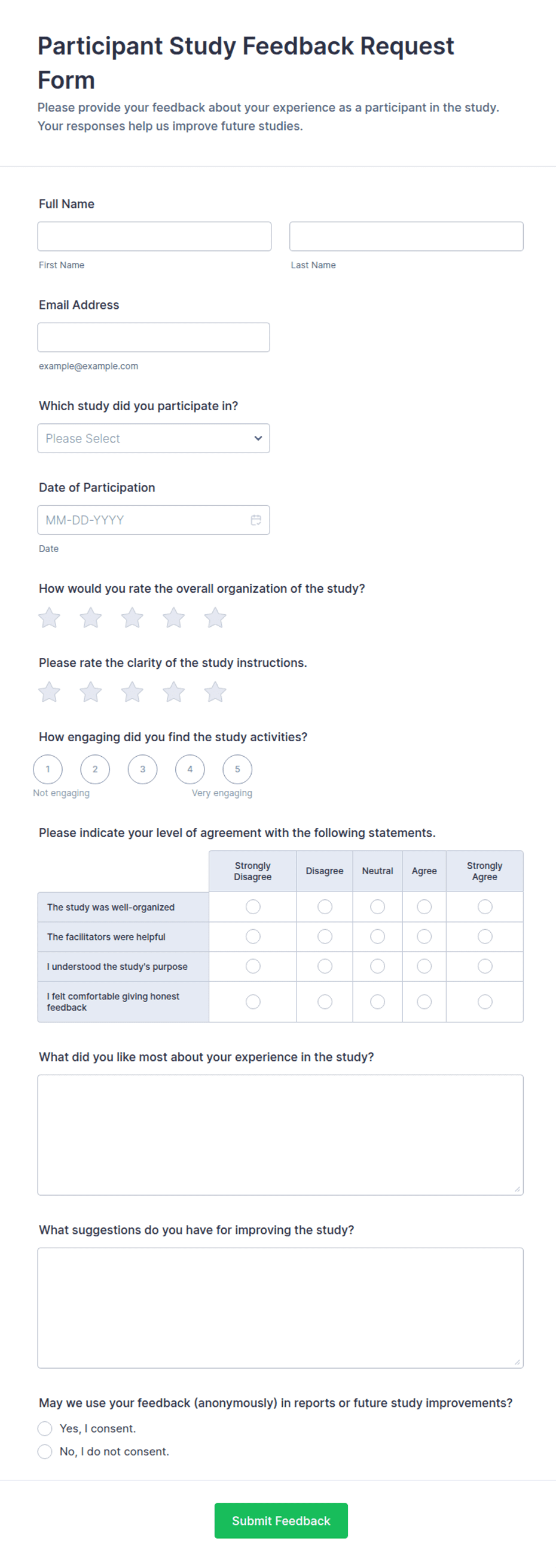 Participant Study Feedback Request Form Template | Jotform