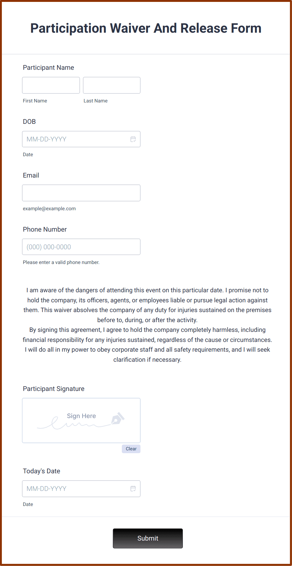 Participation Waiver And Release Form Template | Jotform