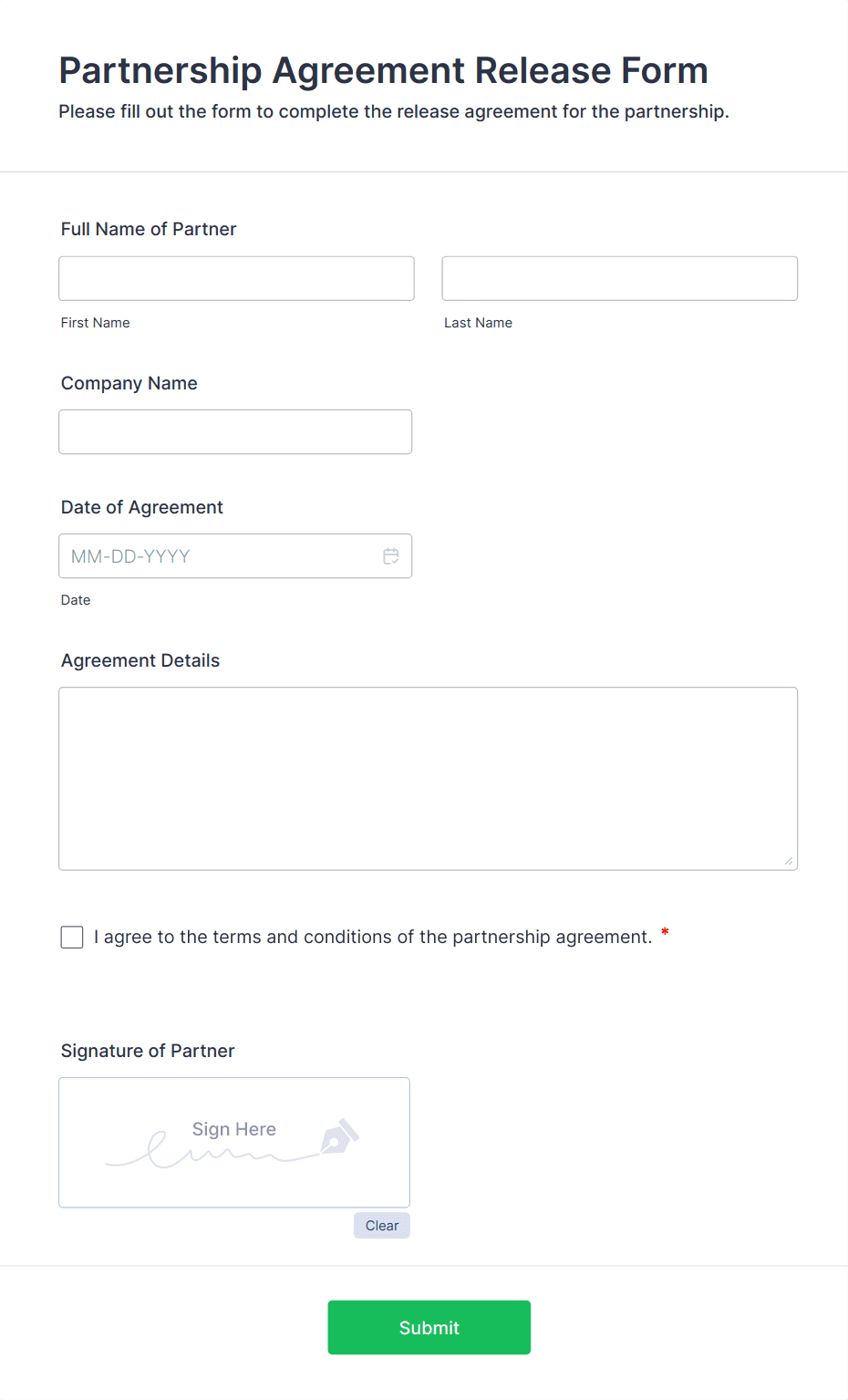 Partnership Agreement Release Form Template | Jotform