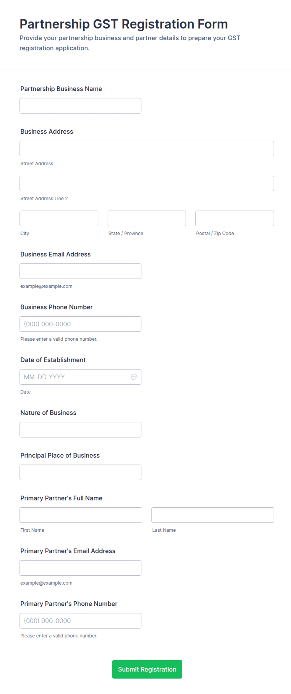 Partnership GST Registration Form Template | Jotform